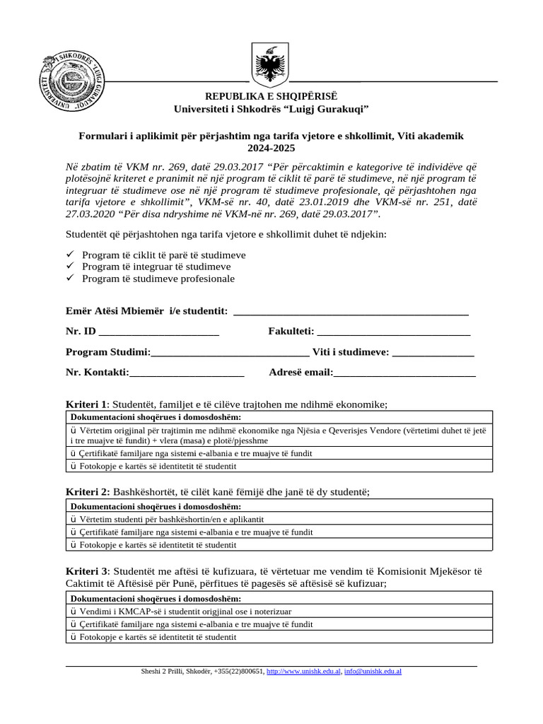 Formular Aplikimi Tarife 2024-2025 2 | PDF