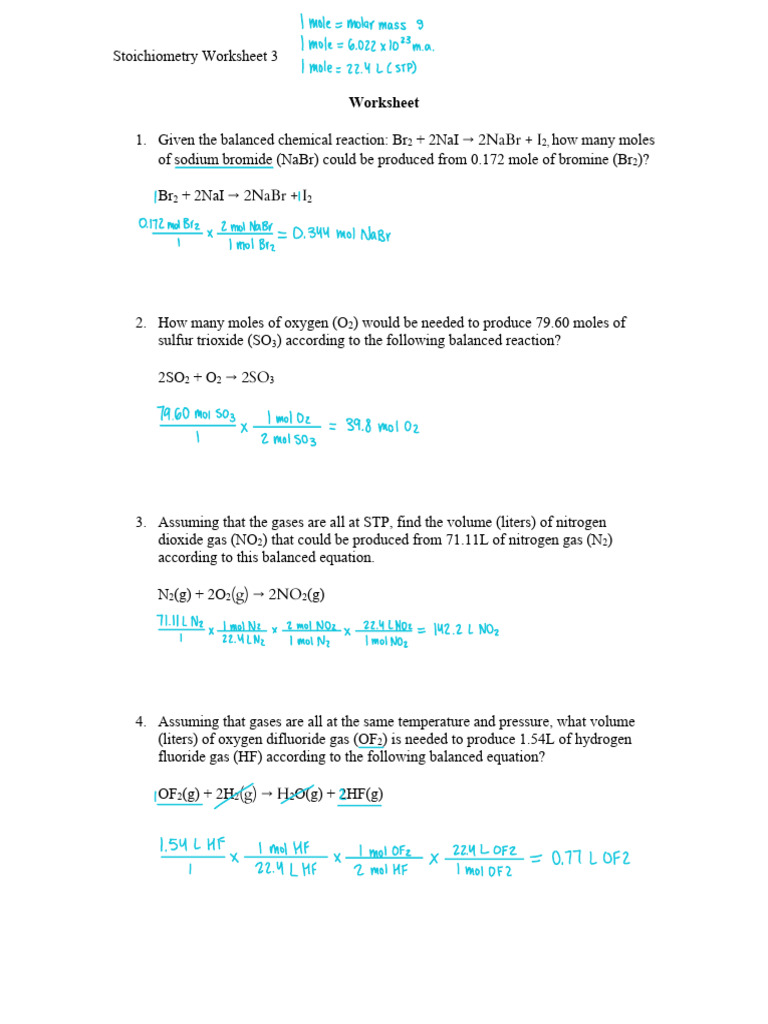 Stoichiometry Worksheet | PDF | Stoichiometry | Chlorine