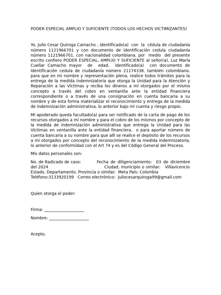 Poder Especial para Indemnización | PDF | Documento de identidad | Bancos