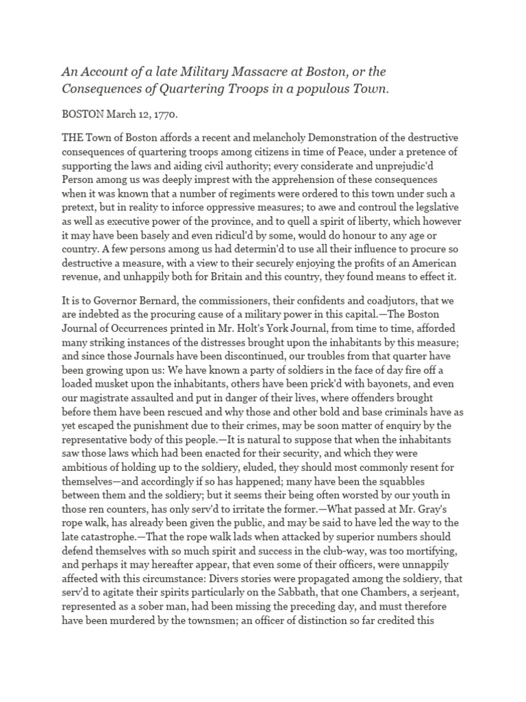 An Account of A Late Military Massacre at Boston, or The Consequences of Quartering Troops in A ...