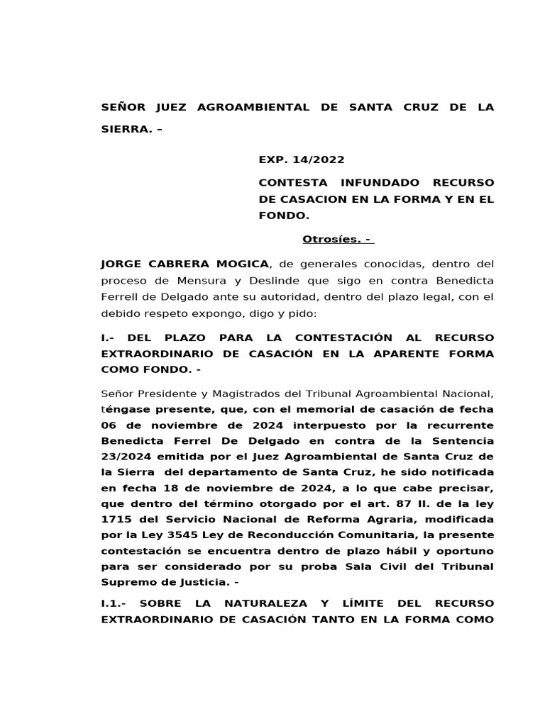 Contesta Recurso de Casacion Santa Cruz | PDF | Principio | Verdad
