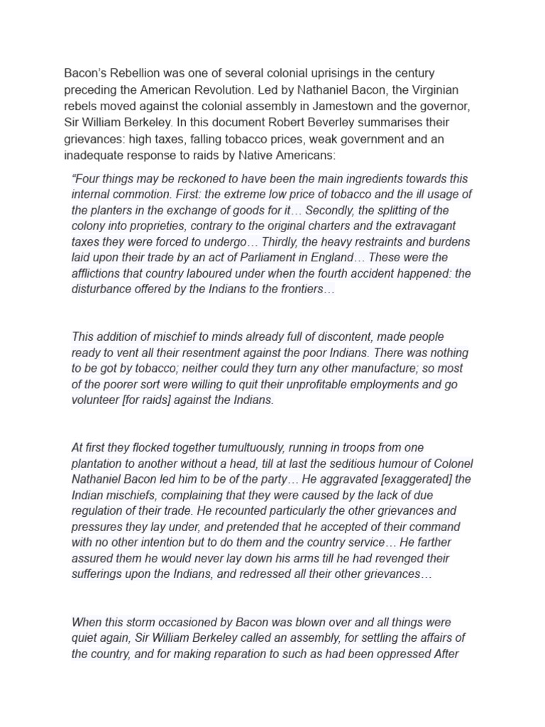 Robert Beverley On Bacon's Rebellion (1704) | PDF