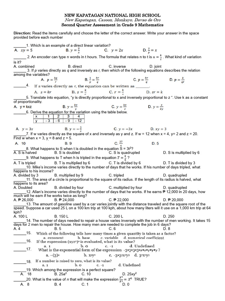 MATH 9 Q2 EXAM | PDF | Gases | Mathematics