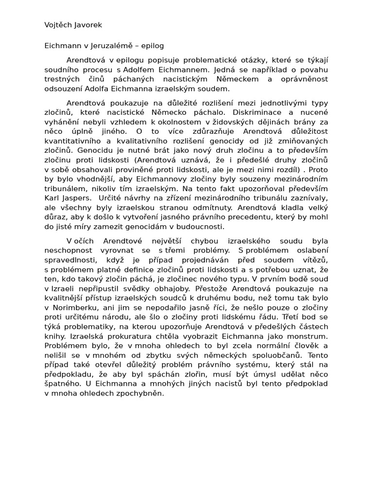 Eichmann V Jeruzalémě Epilog - Vojtěch Javorek | PDF