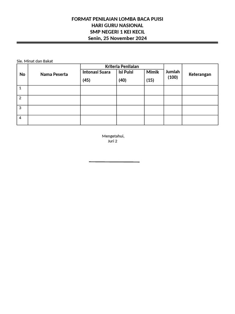 Format Penilaian Lomba Baca Puisi | PDF