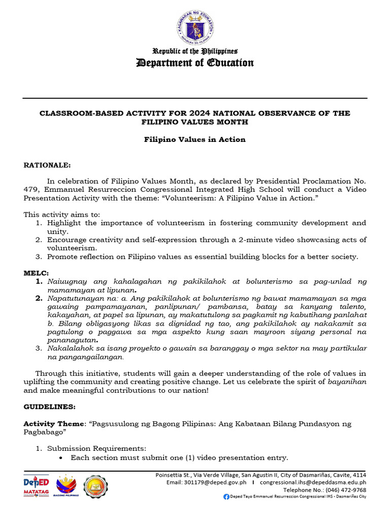 Grade9 Esp Filipino Values Month 2024 | PDF