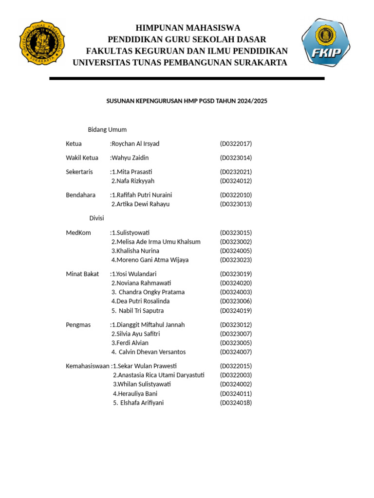 Susunan Kepengurusan HMP PGSD Tahun 2024 | PDF