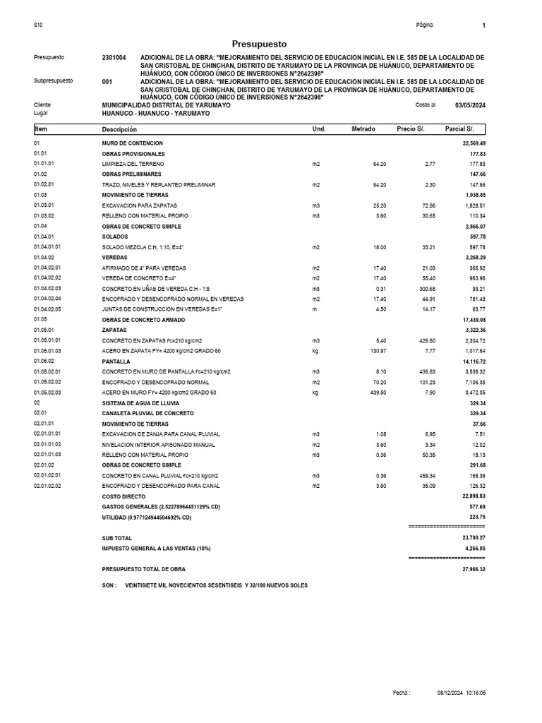 5. PRESUPUESTO ADICIONAL | PDF | Hormigón | Materiales