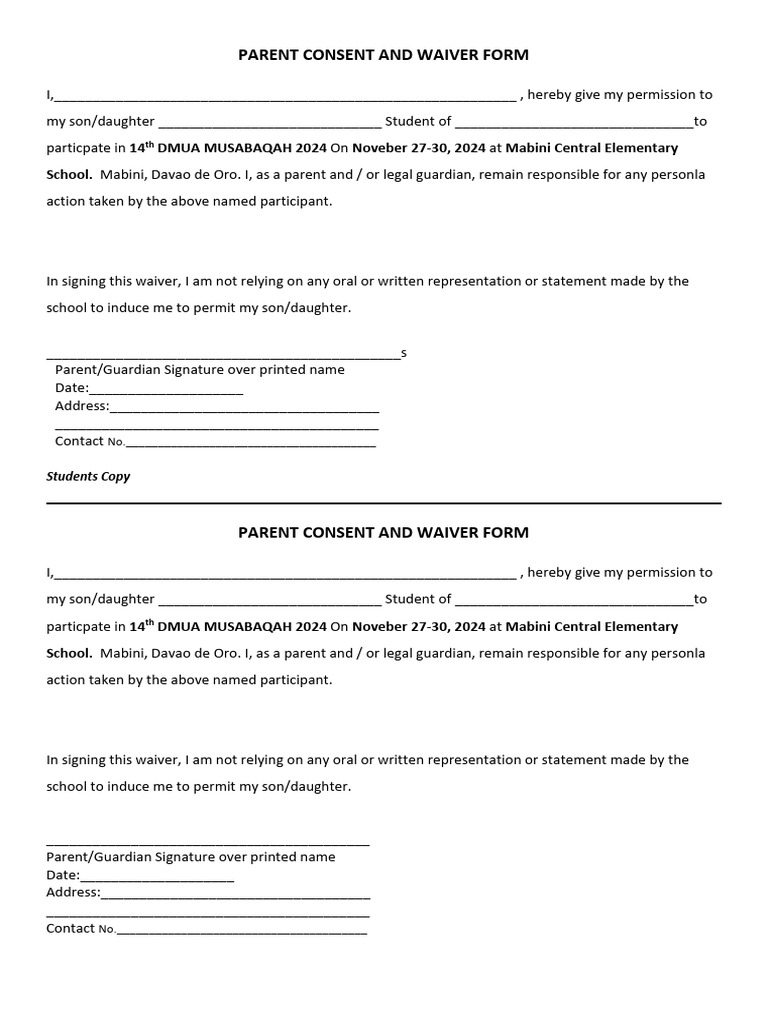 Parent Consent Waiver for Event | PDF