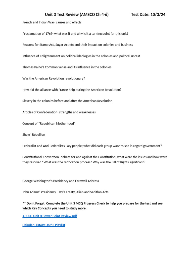 Unit 3 Test Review Oct 2024 | PDF