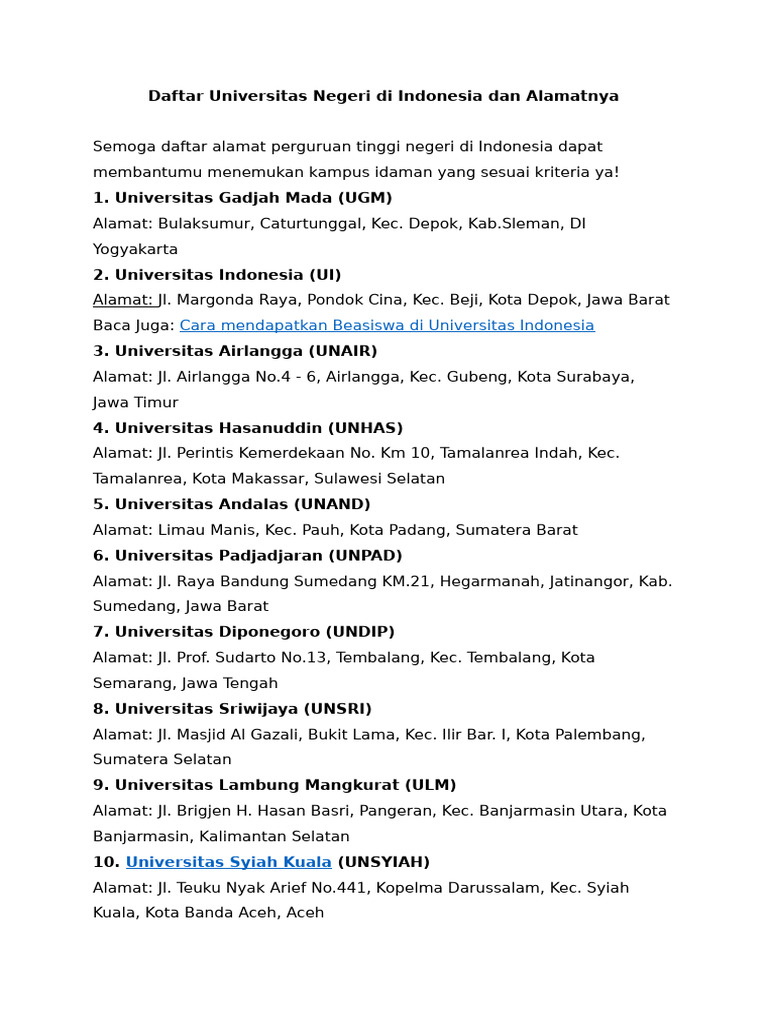 Daftar Universitas Di Indonesia Dan Alamatnya | PDF