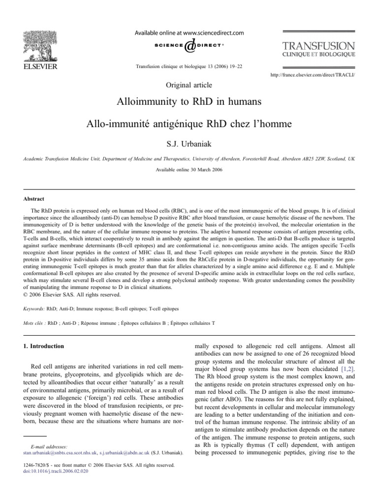 Alloimmunity to RhD in humans | PDF | Antibody | Epitope