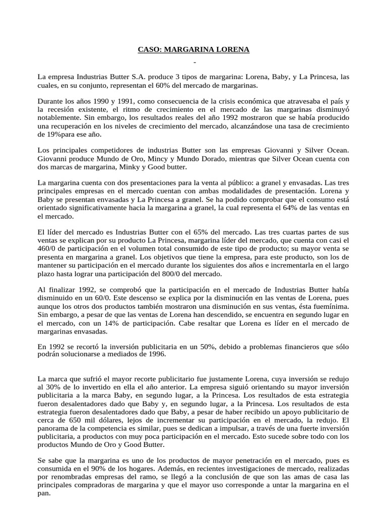CASO PROMOCIÓN MARGARINA LORENA | PDF | Mercado (economía) | Margarina