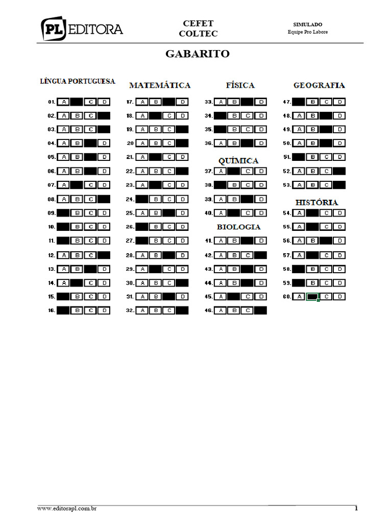 6° Simulado - Gabarito Simulado - Modelo CEFET | PDF
