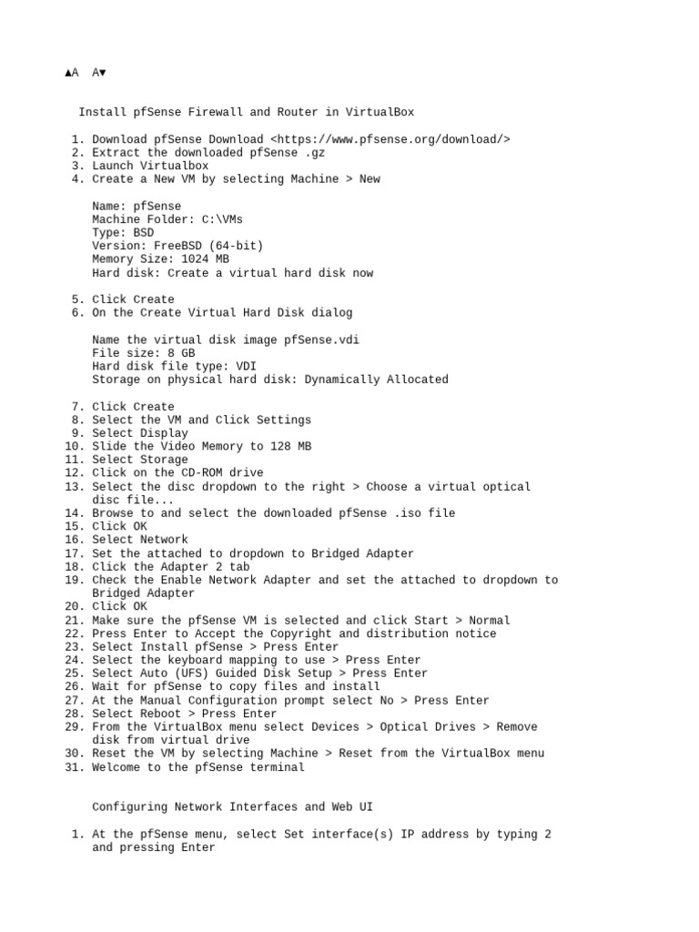 Install Pfsense Firewall And Router In Virtualbox Pdf Ip Address User Interface