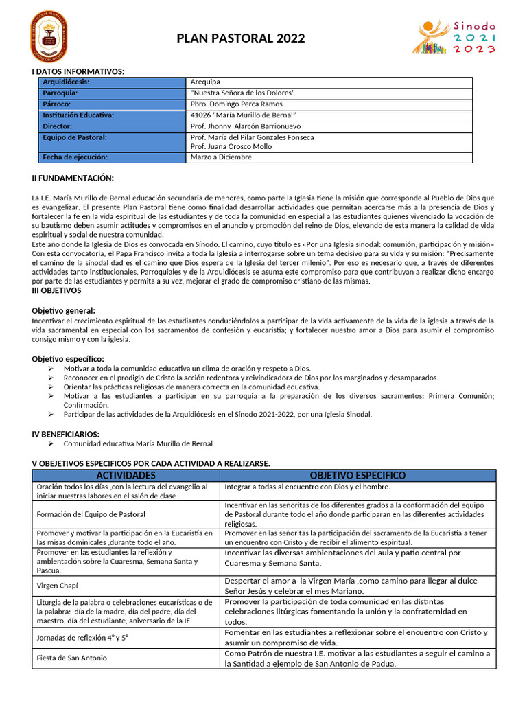 Plan Pastoral 2022: Arequipa I.E. María Murillo | PDF | eucaristía ...