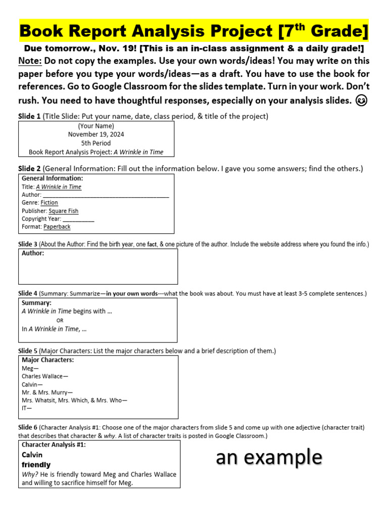 Book Report Analysis Project A Wrinkle in Time | PDF