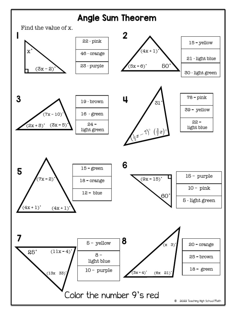 Angle Sum Theorem Coloring Activity | PDF | Elementary Mathematics | Euclid
