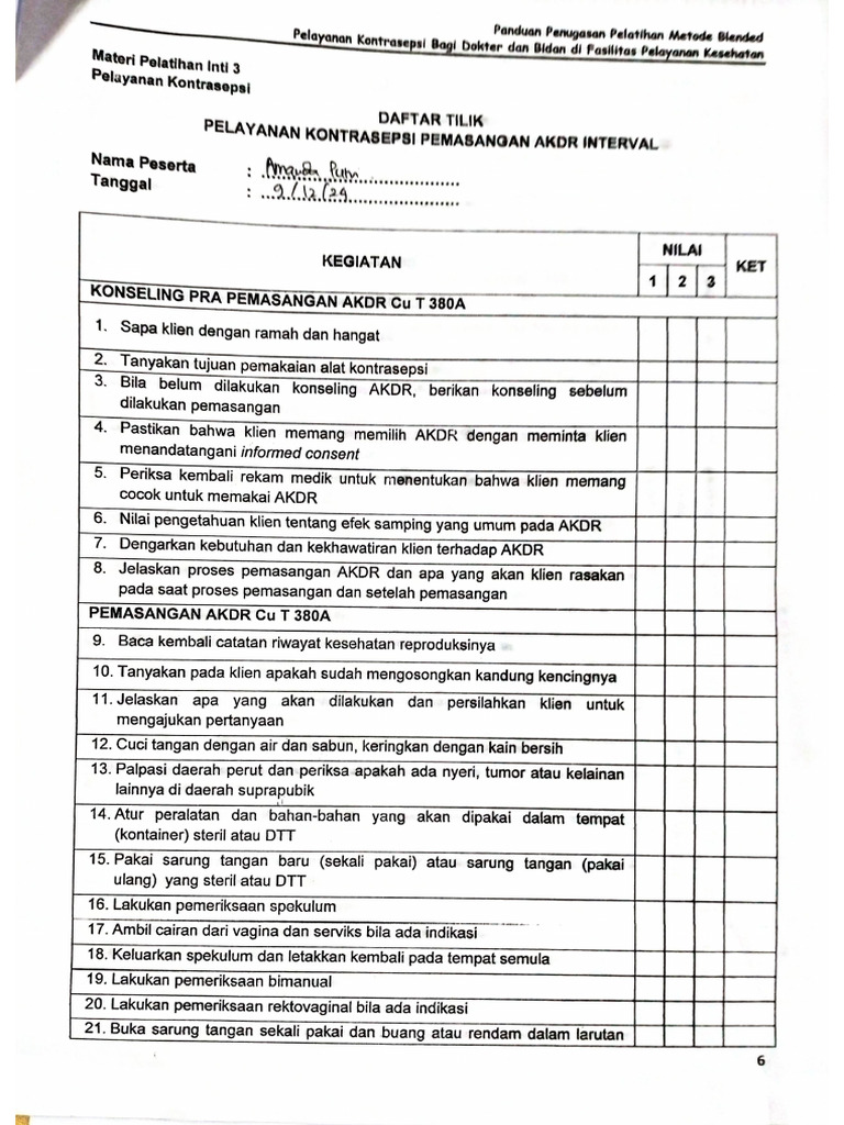 Daftar Tilik Pasang Lepas Iud | PDF