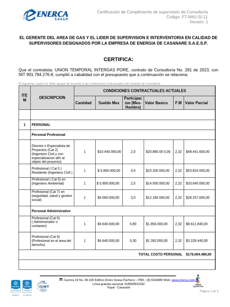 FT-MAJ-SI-11 Certificación CUMPLIMIENTO SUPER INTER 281-2023 Ok | PDF