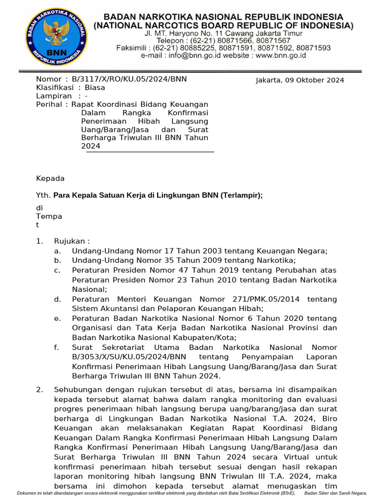 Rapat Koordinasi Hibah BNN 2024 | PDF