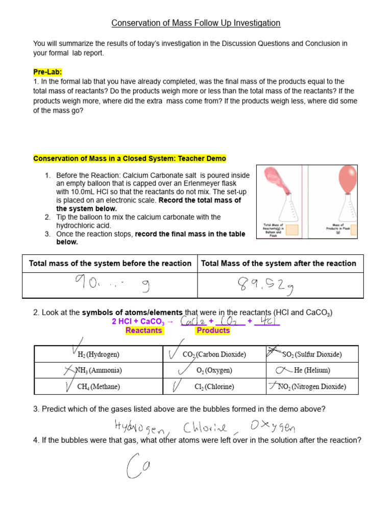 Lab - Conservation of Mass Lab Follow Up Investigation F24 | PDF ...