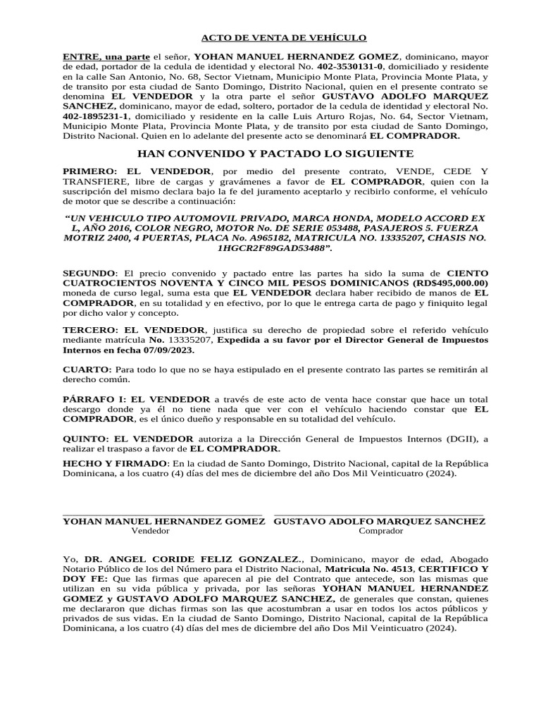 Acto de Venta de Vehiculo YOHAN MANUEL HERNANDEZ GOMEZ | PDF | República Dominicana
