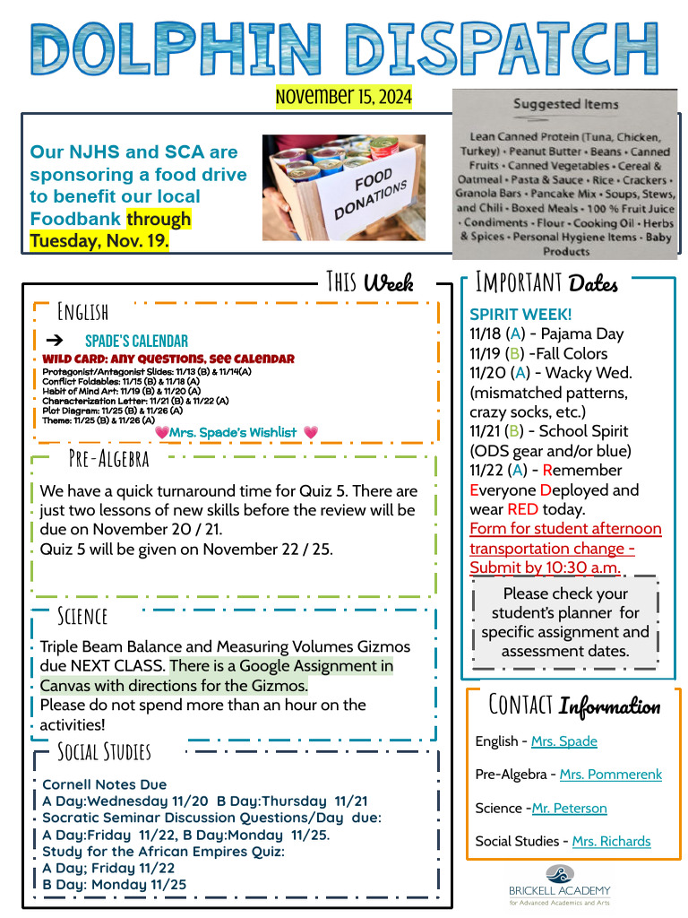 NJHS Food Drive and Spirit Week Events | PDF