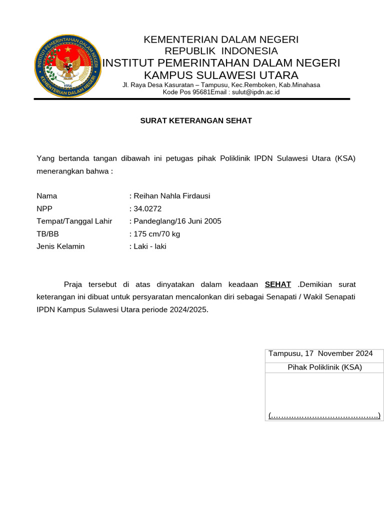 Surat Keterangan Sehat | PDF