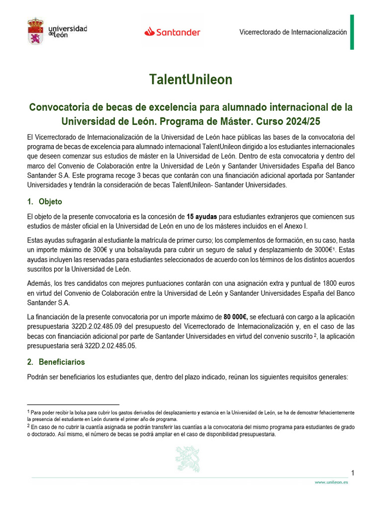 Convocatoria Talent Unileon Master2024 2025 | PDF