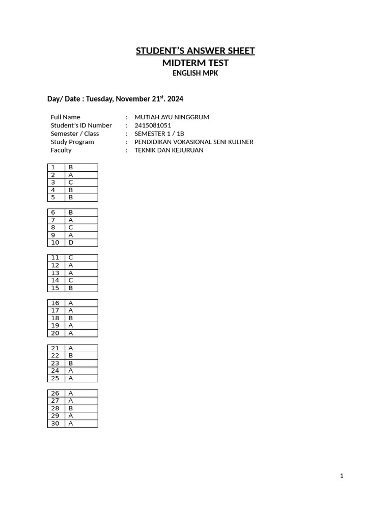 Midterm Test Answer Sheet: English MPK | PDF