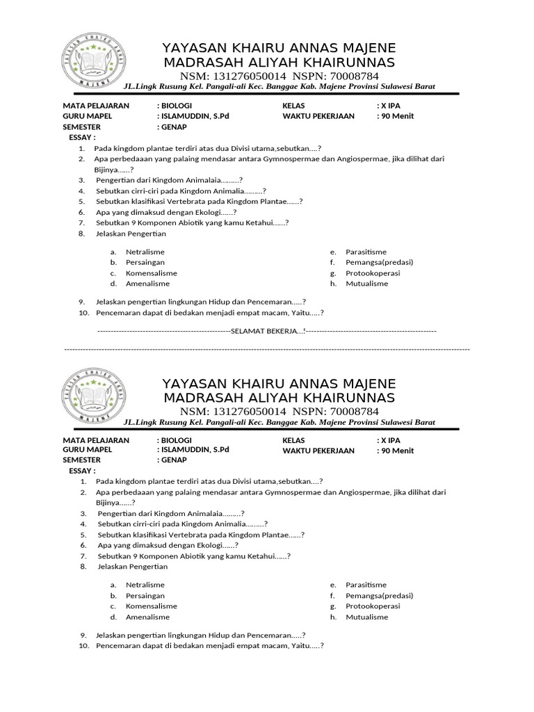 2. soal Biologi genap 10 Genap | PDF
