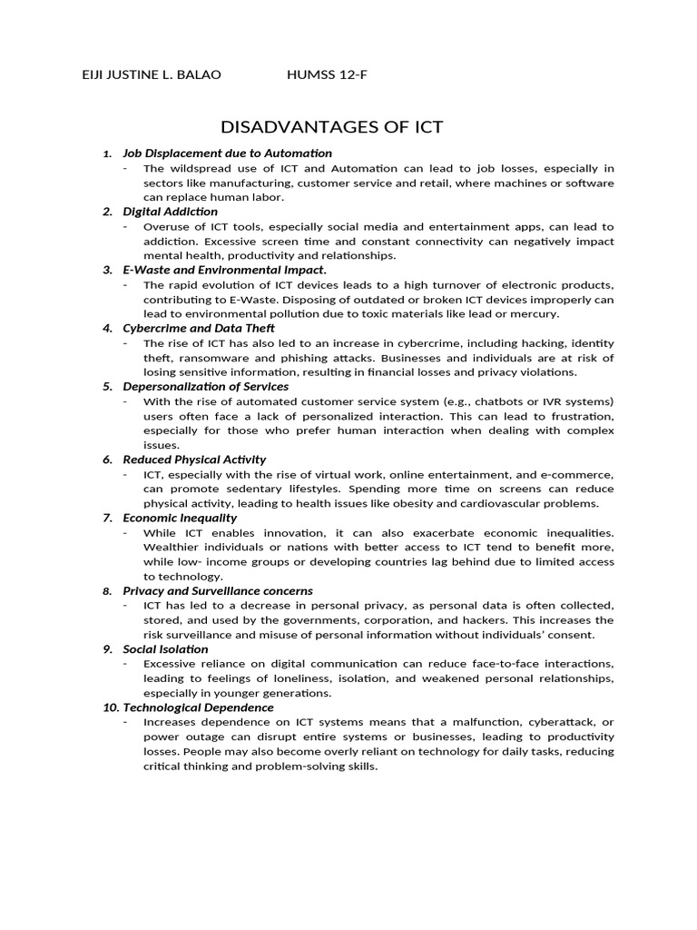 DISADVANTAGES OF ICT | PDF | Information And Communications Technology ...