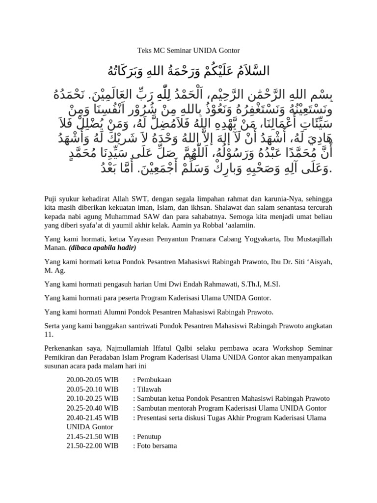 Teks MC Seminar UNIDA Gontor | PDF