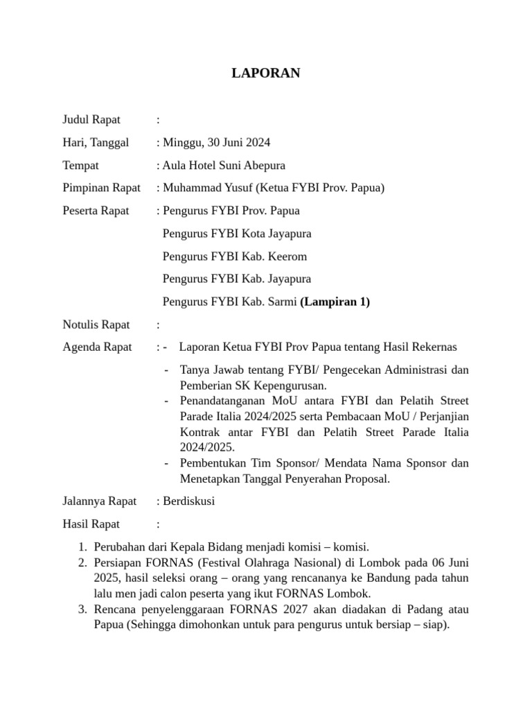 Laporan Rapat Koordinasi Pengurus Fybi 2024 | PDF