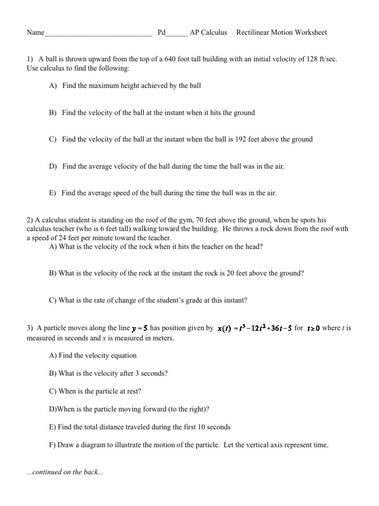 Rectilinear Motion Worksheet | PDF | Velocity | Acceleration