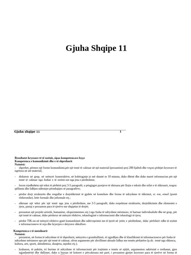 Gjuha Shqipe 11 Plane Mesimore | PDF