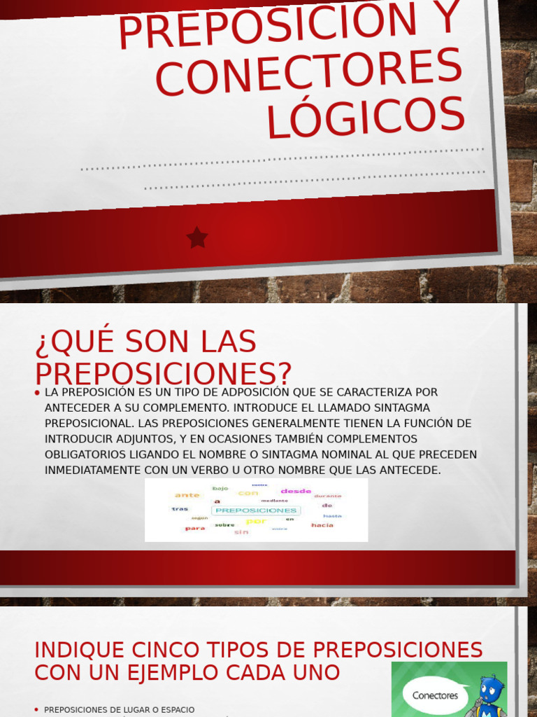 Preposición y Conectores Lógicos | PDF | Preposición y Postposición ...