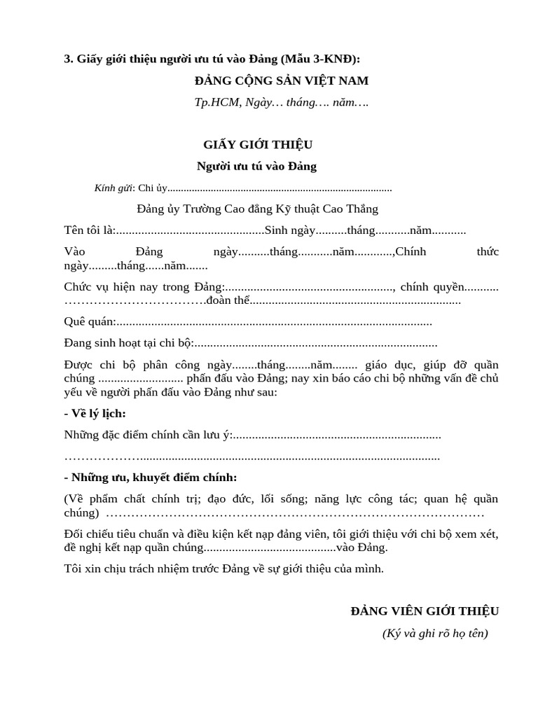 4.giay Gioi Thieu Nguoi Uu Tu Vao Dang | PDF