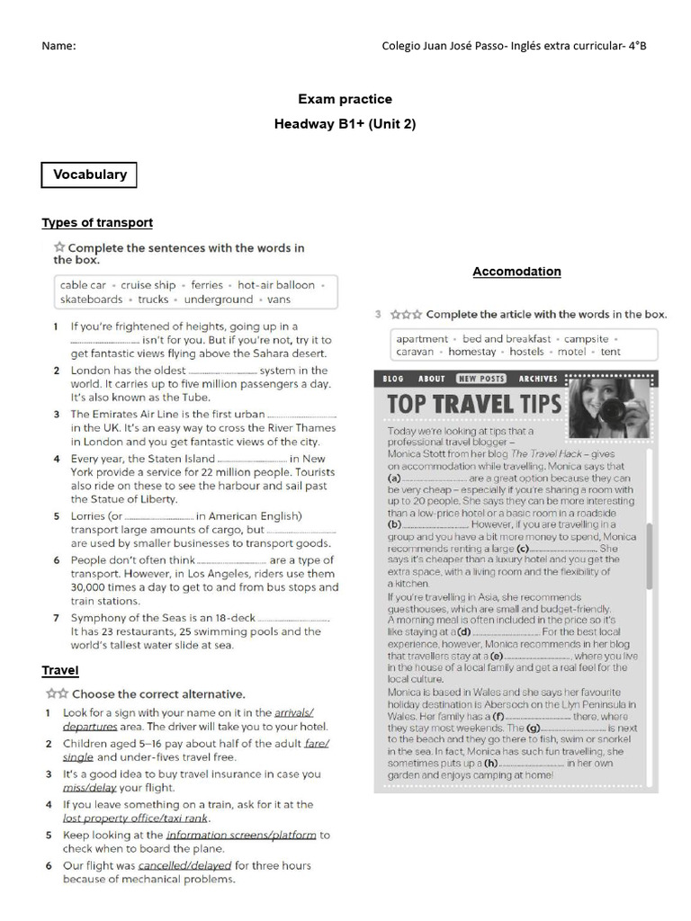 Exam Practice Unit 2 - 4°B - Headway | PDF