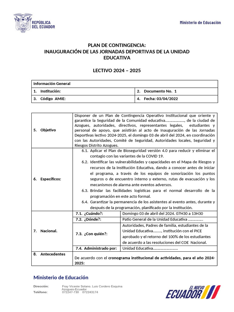 Modelo de Plan de Contingencia 2024-2025 | PDF