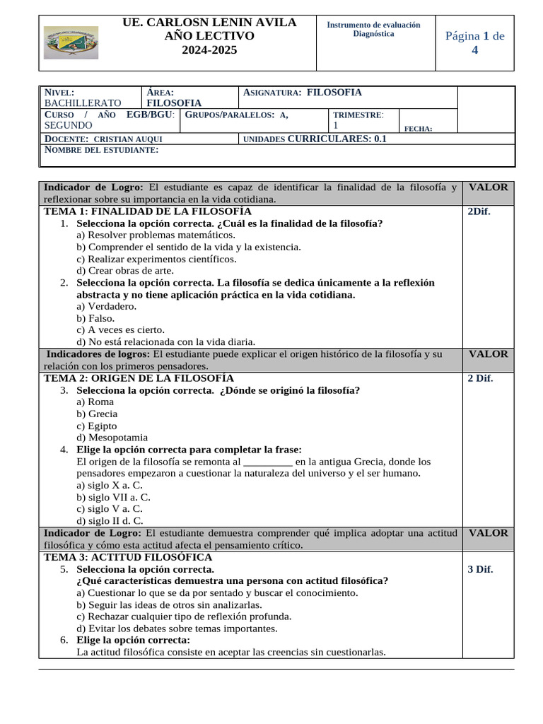 Instrumento de Evaluación Q1 Filo-Segundo | PDF | Proposición | Pensamiento