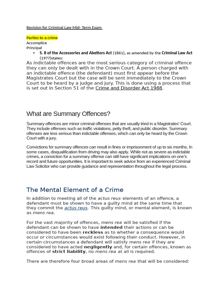 Revision For Criminal Law Mid | PDF | Mens Rea | Crimes