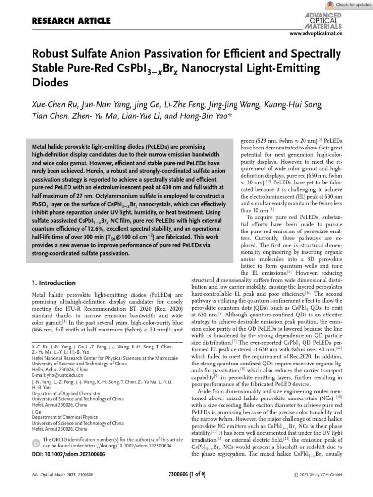 Robust Sulfate Anion Passivation for Efficient and Spectrally Stable ... Robust Sulfate Anion Passivation for Efficient and Spectrally Stable ...