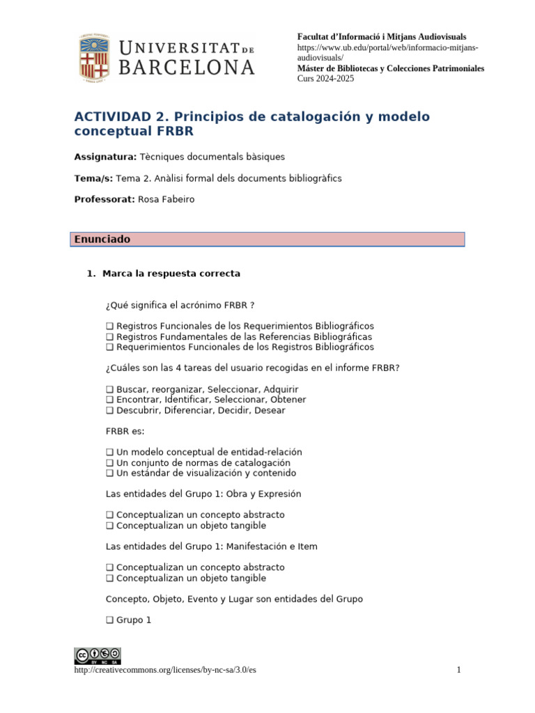 MBCP Actividad 2 FRBR RDA | PDF | Ciencias de la Información