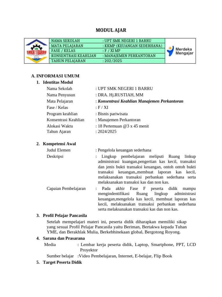 Modul Ajar Pengelolaan Kas Kecil SMK | PDF