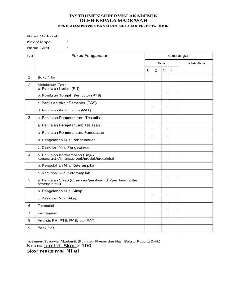 INSTRUMEN SUPERVISI AKADEMIK PENILAIAN | PDF
