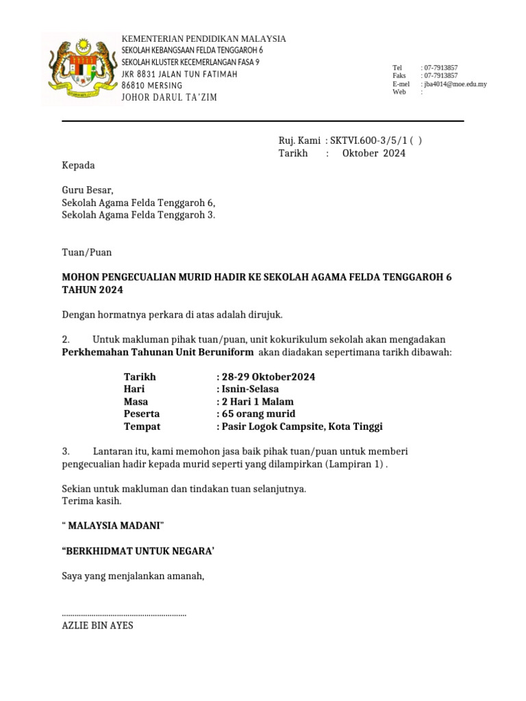 Surat Pengecualian Hadir Sekolah Agama 24.120.24 | PDF