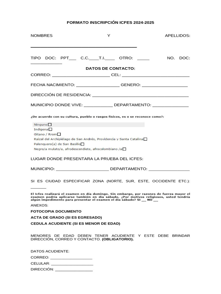 Formulario Inscripción ICFES 2024-2025 | PDF