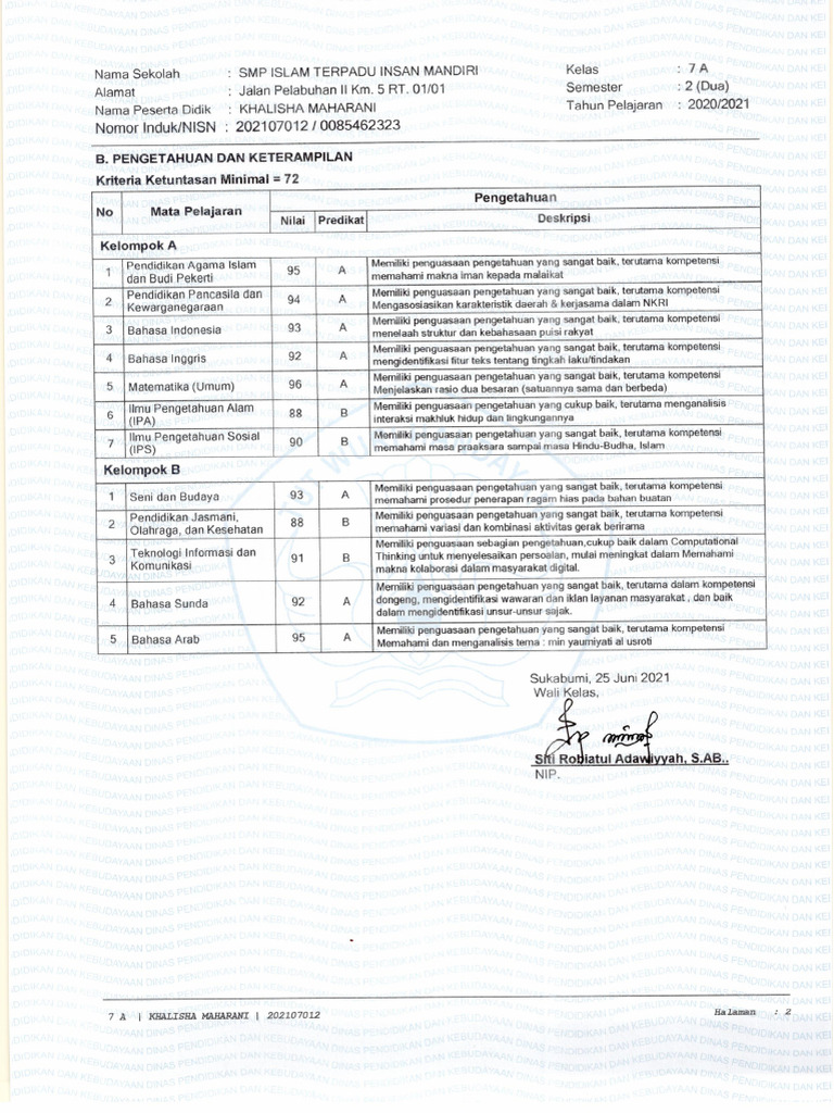 Lampiran Nilai Raport Kelas 7A Semester2 Khalisha Maharani | PDF